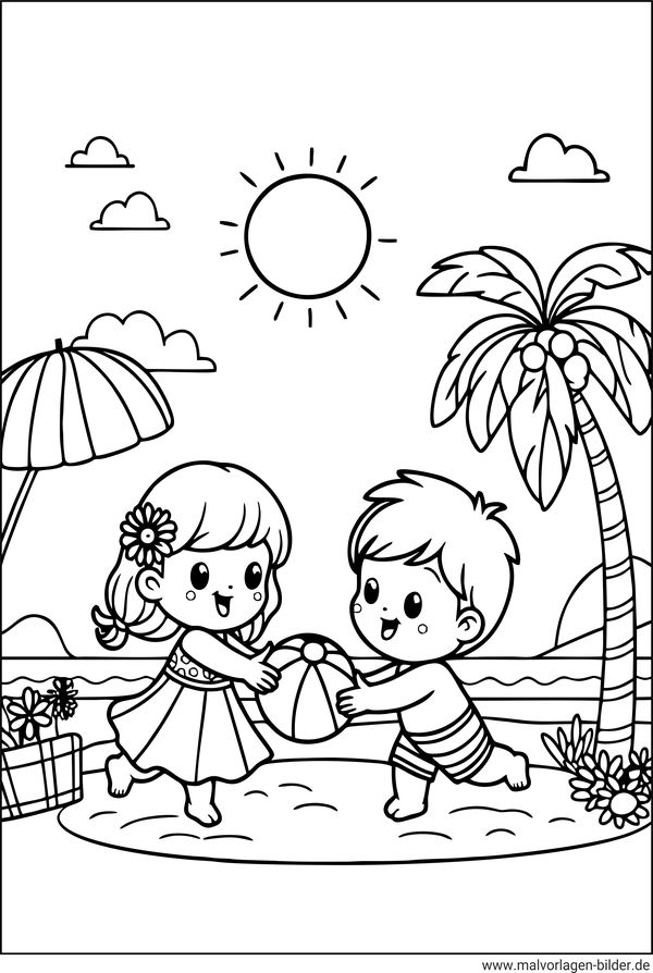 Ausmalbild Sommer Urlaub Kinder Am Strand